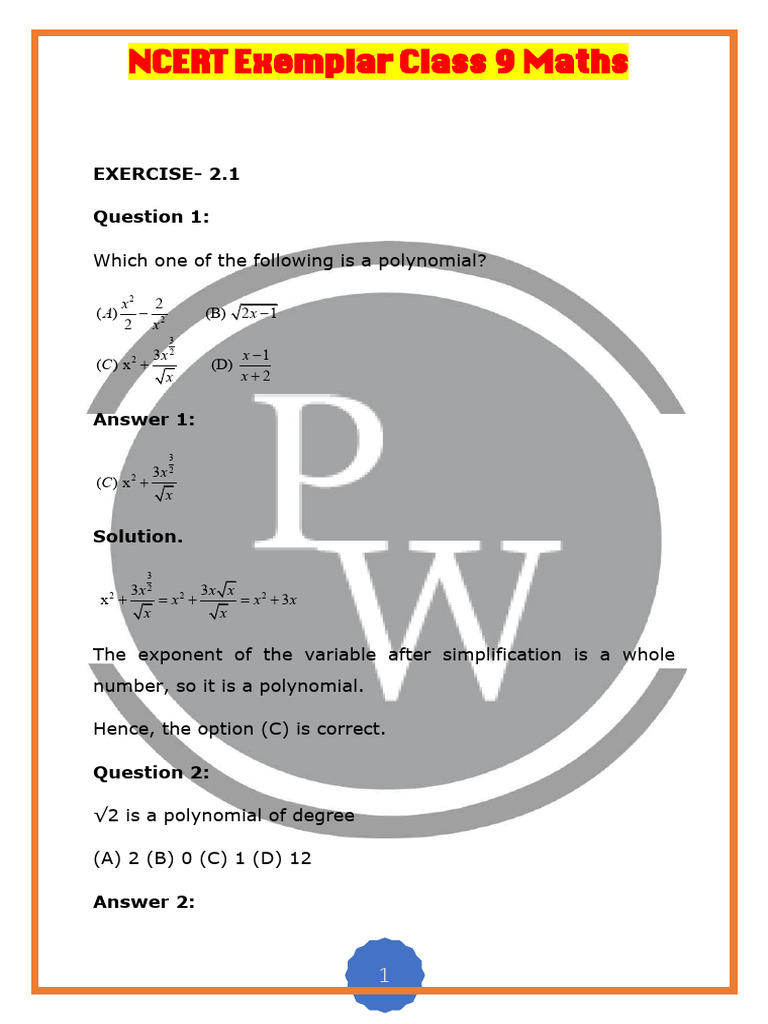 Class 9 NCERT Polynomials Exemplar | PDF | Polynomial | Numbers