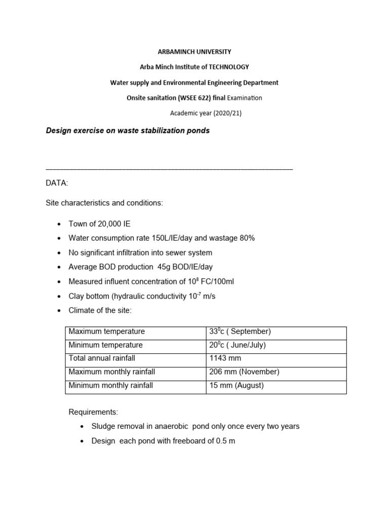 Waste Stabilization Pond Design Exercise | PDF | Sewage Treatment ...