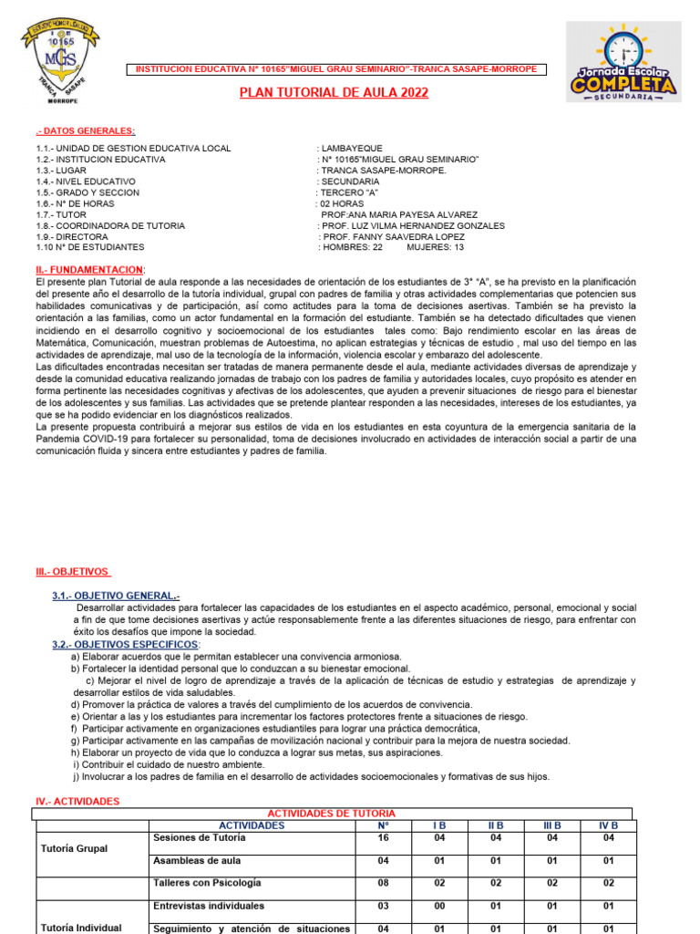 Plan Tutorial de Aula 3° A 2022 | PDF | Aprendizaje | Ciencia cognitiva