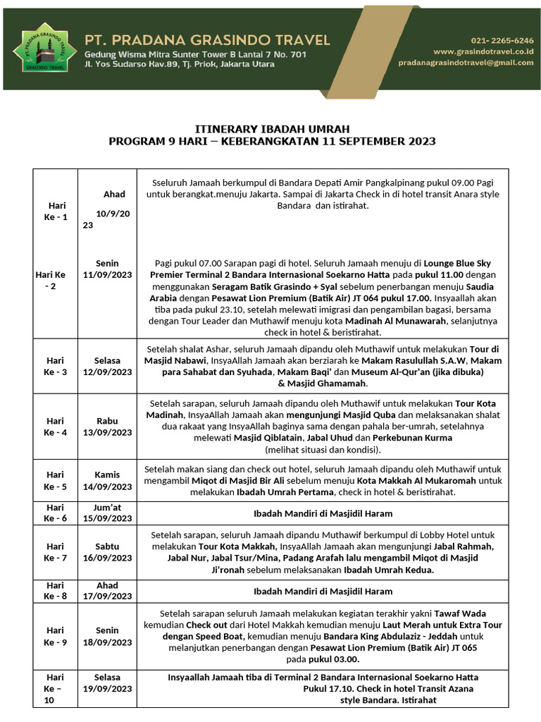 Contoh Itinerary Umroh 9 Hari | PDF