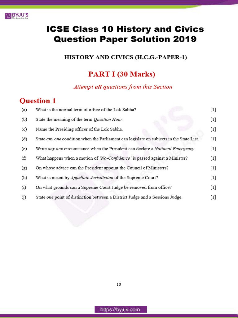 ICSE Class 10 History and Civics Question Paper Solution 2019 | PDF ...