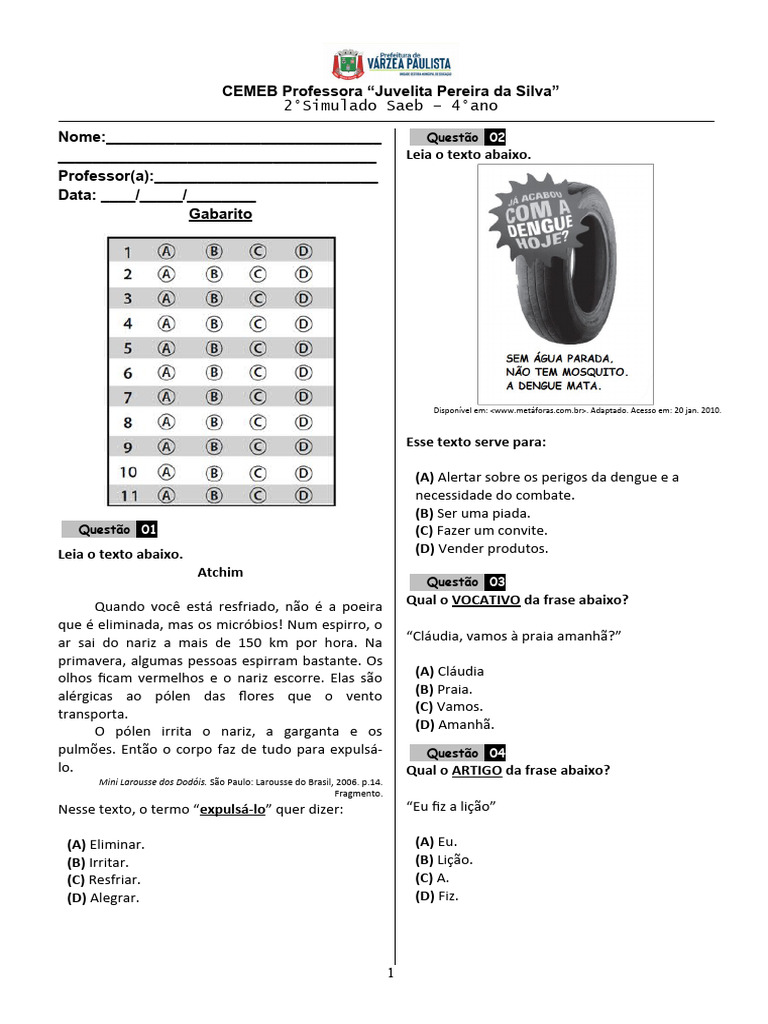 2° Simulado Saeb - 4° Ano | PDF