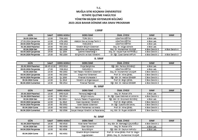 Ybs 2023-2024 Bahar Ara Sinav Programi | PDF