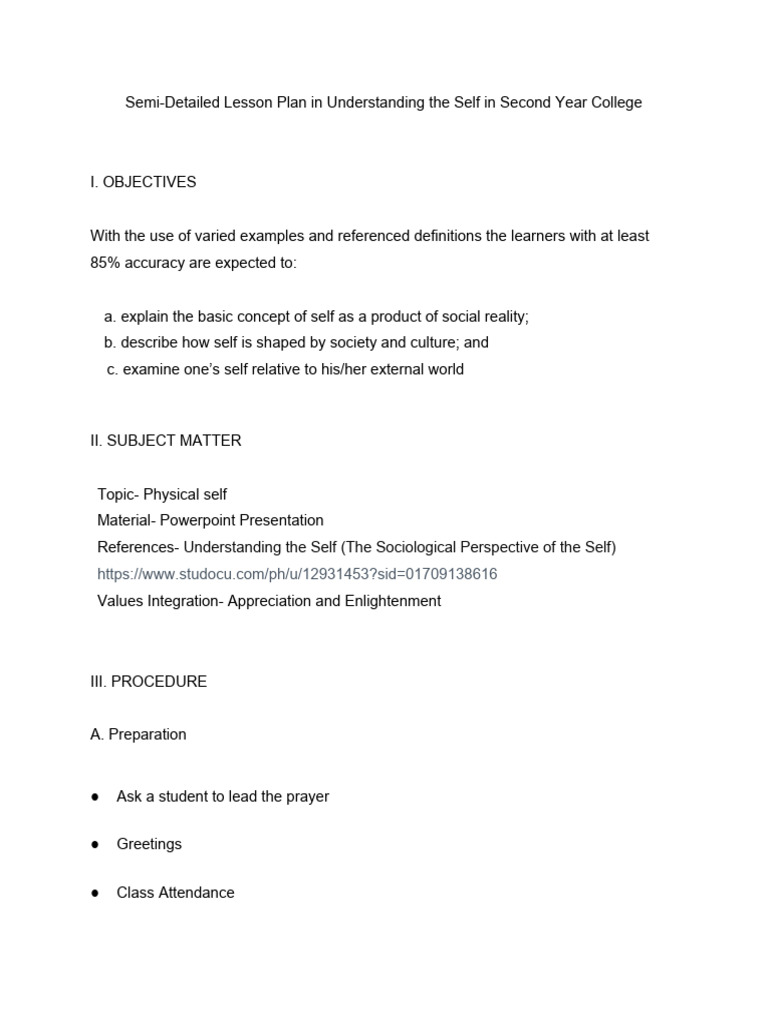 Lesson Plan: Understanding the Self | PDF
