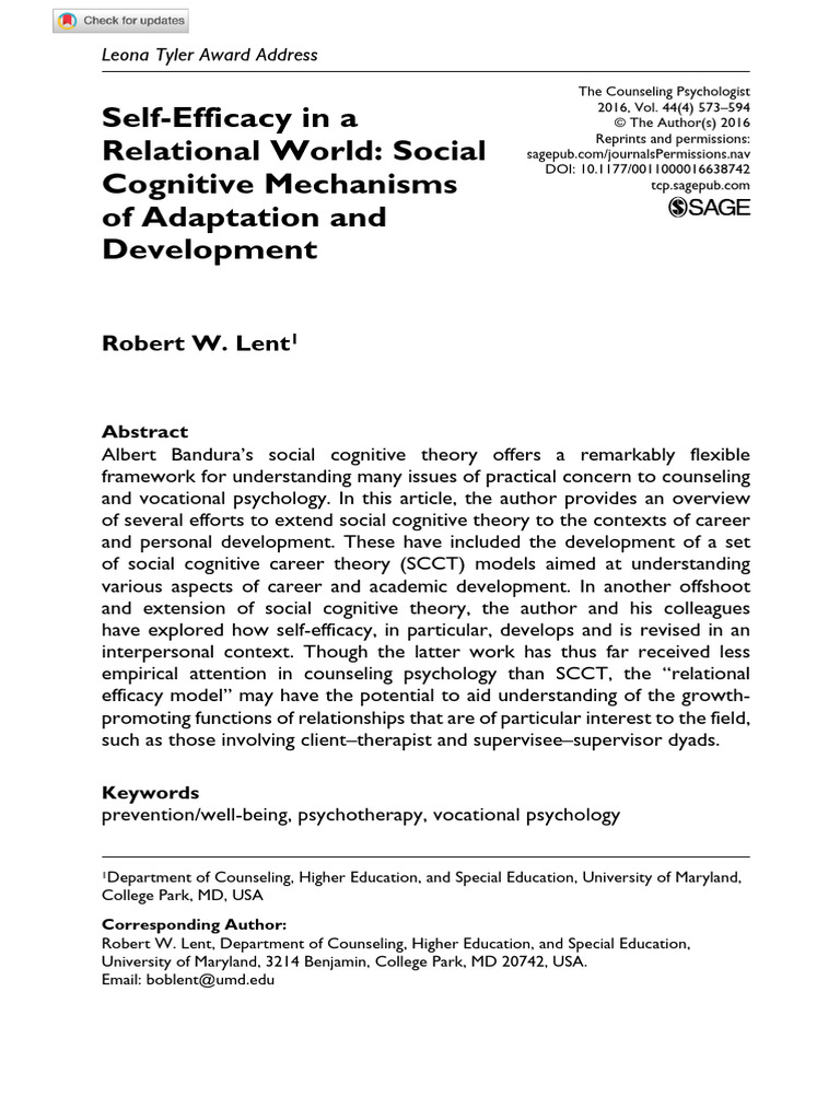 Self-Efficacy in A Relational World | PDF