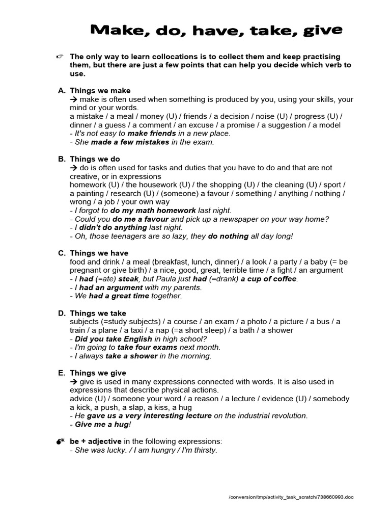 Collocations: Make, Do, Have, Take | PDF | Meal