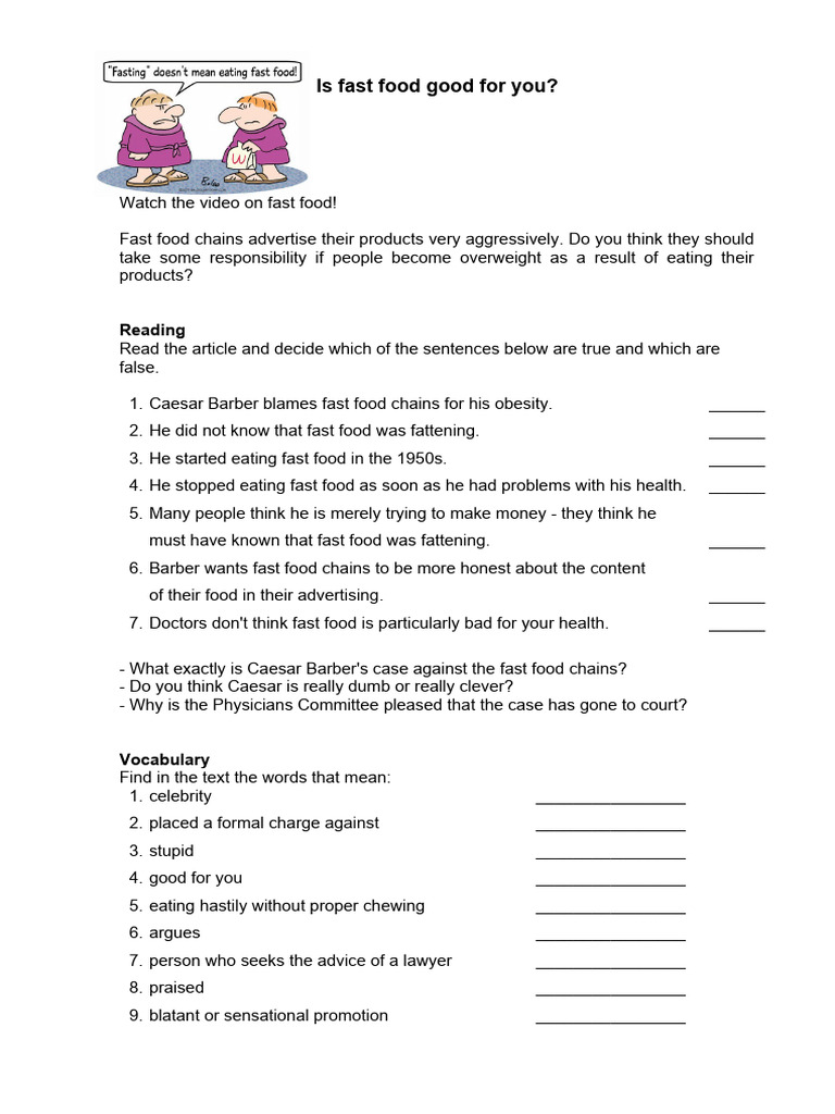 Fast Food - Text and Exercise | PDF | Fast Food