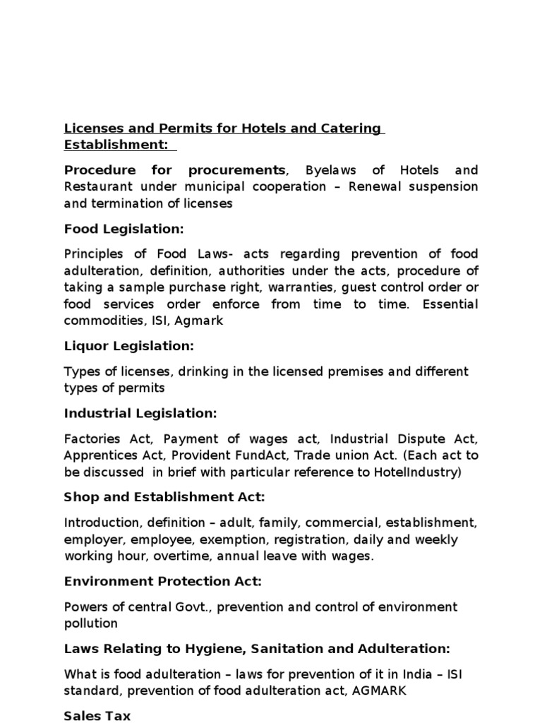 Licenses and Permits For Hotels and Catering Establishment | PDF ...