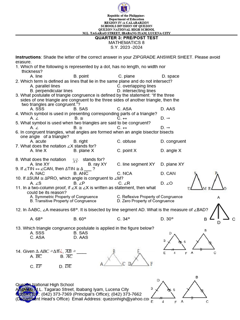 Q3Pre Post Test | PDF | Triangle | Euclidean Plane Geometry