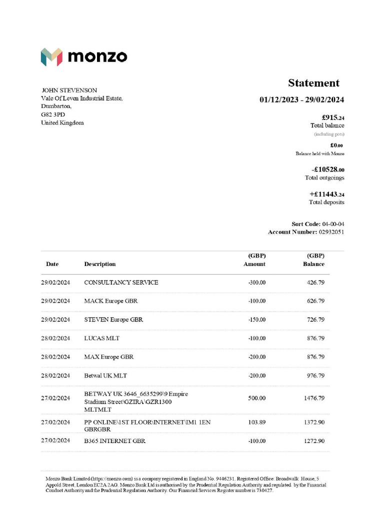 Monzo Bank Statement 2023 12 20 13363151 | PDF
