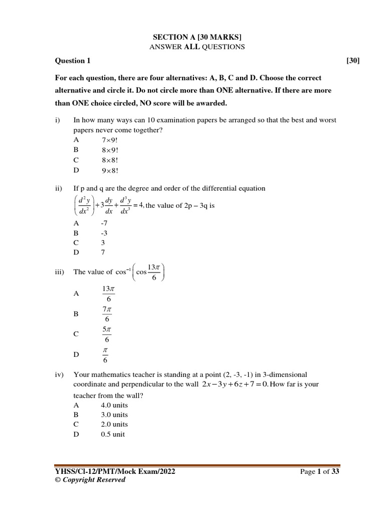 Mock Exam Question Paper PMT-2022 | PDF | Equations | Geometry