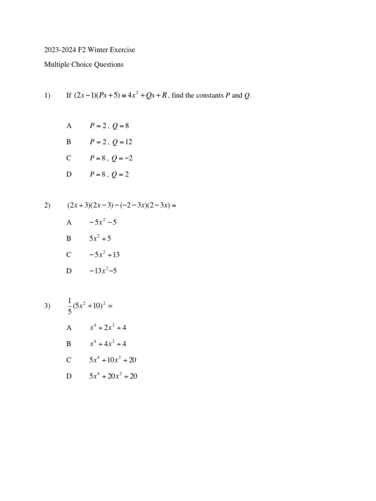 F2 Winter Exercise MCQs 2023-2024 | PDF | Length | Mathematics