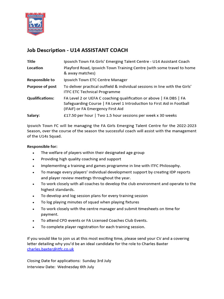 Itfc Etc - U14 Head Coach Job Description Advert 20.06.2022 | PDF ...