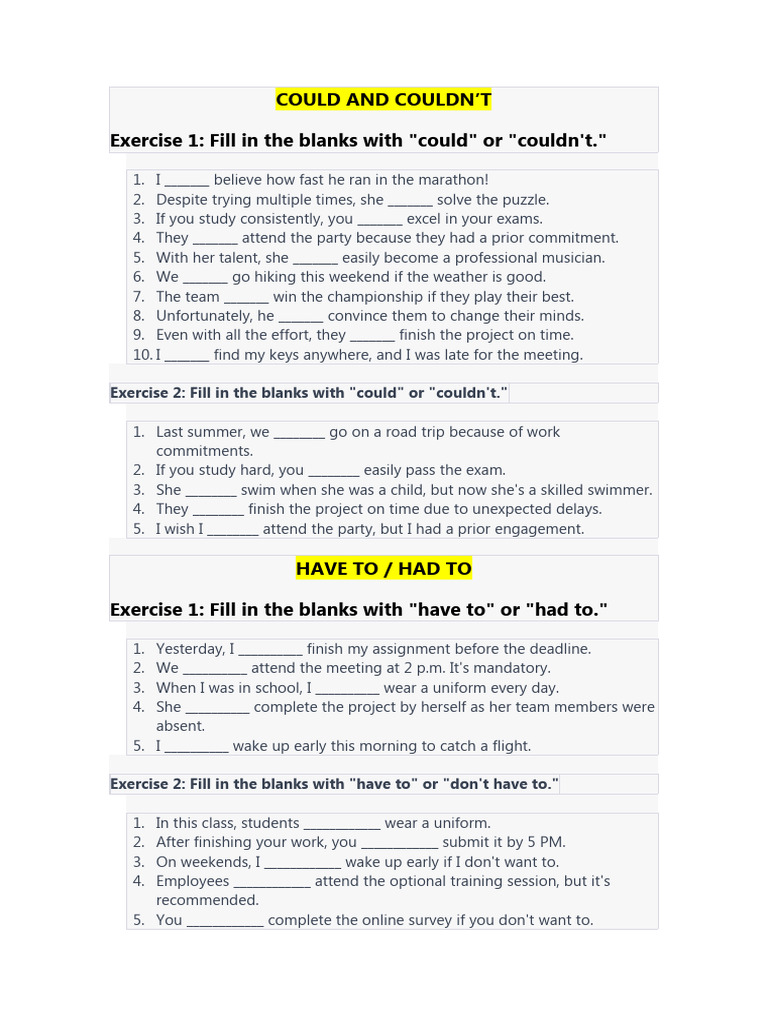 Could and Couldn't Exercises Guide | PDF | Career & Growth | Language ...