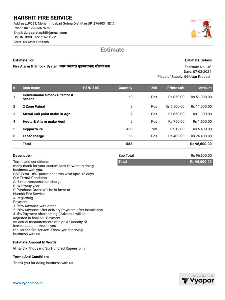 Fire Service Estimate and Payment Details | PDF