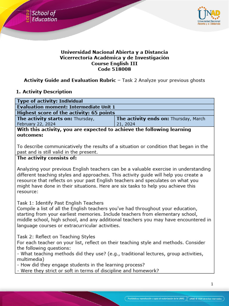 Activity Guide and Evaluation Rubric - Unit 1 - Task 2 - Analyze Your Previous Ghosts | PDF