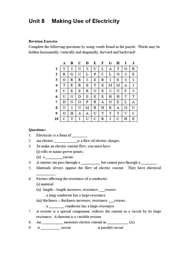 Making Use of Electricity: Revision Exercise | PDF | Electric Current ...