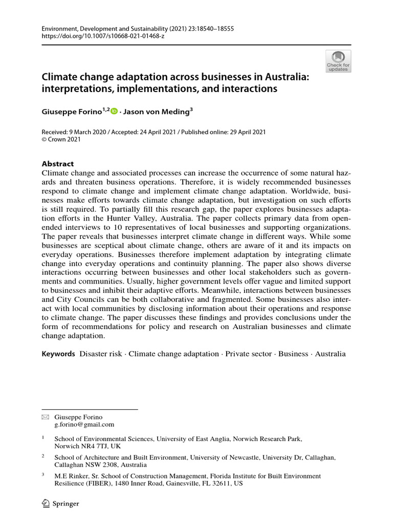 Climate Change Adaptation Across Businesses in Australia: Interpretations, Implementations, and ...