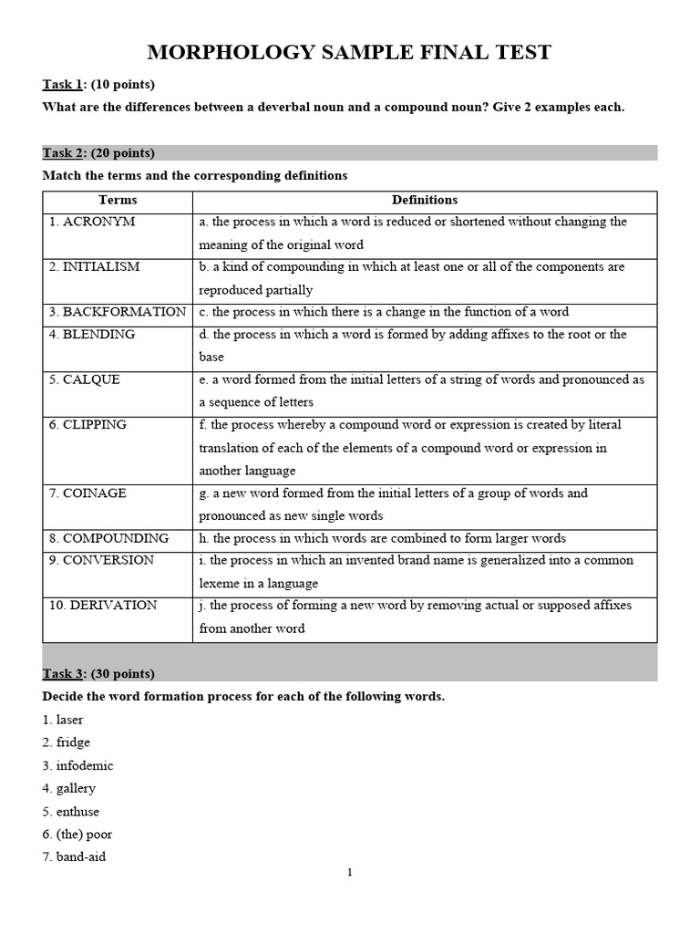 Morphology Final Sample Test | Download Free PDF | Word | Morphology ...