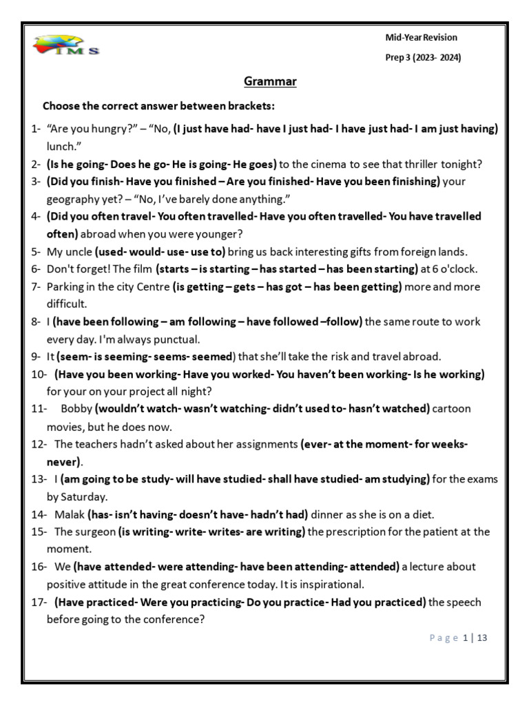 Mid-Year Grammar and Vocab Revision | PDF | Language Arts & Discipline