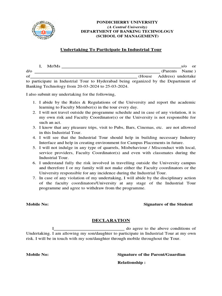 Undertaking Form For Industrial Tour | PDF | Business