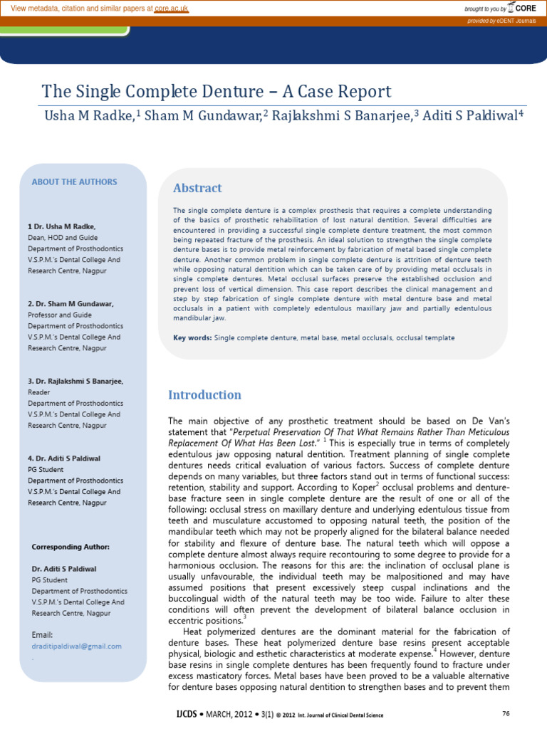 The Single Complete Denture - A Case Report: Usha M Radke, Sham M ...