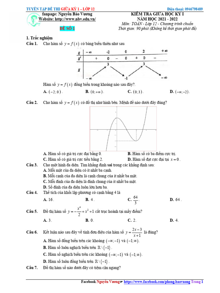 (Nbv) -12 Đề Ôn Thi Giữa Kỳ 1-Lớp 12-Theo Ma Trận Mới Của Bộ-2021-2022 | PDF