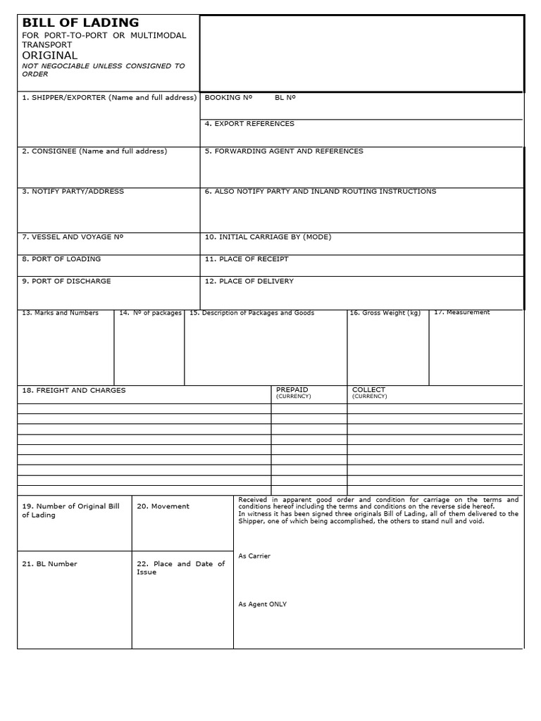 Bill of Lading for Multimodal Transport | PDF