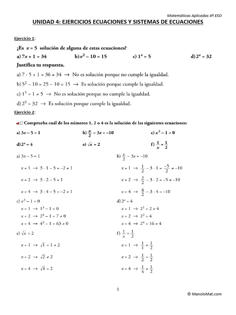 4eso Unidad 4 Resueltos Ecuaciones Sistemas Pdf Matemáticas 7178