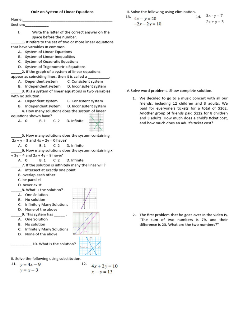Quiz System of Linear Equations | PDF | System Of Linear Equations ...