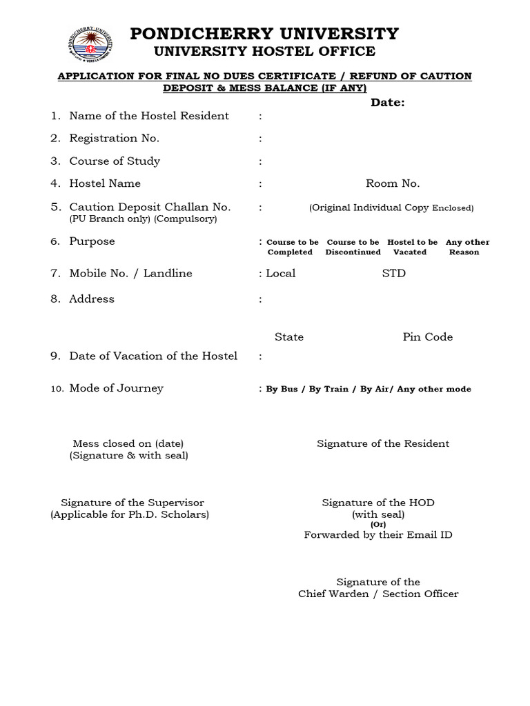 Application For Final No Dues Form Vacation of Hostels | PDF