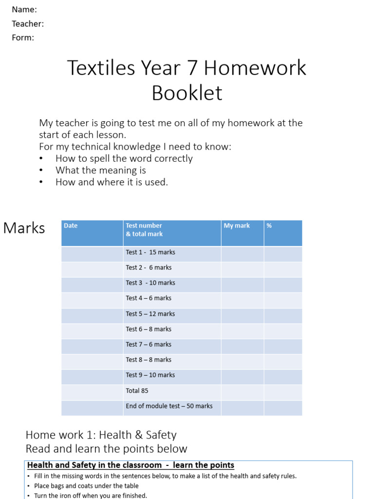 Textiles Year 7 Homework Booklet Homework and End of Module Test With ...