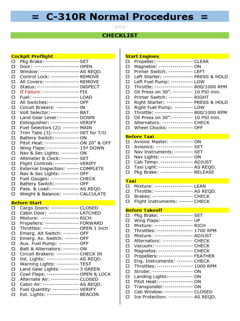 C310R Checklist-Sim | PDF | Brake | Takeoff