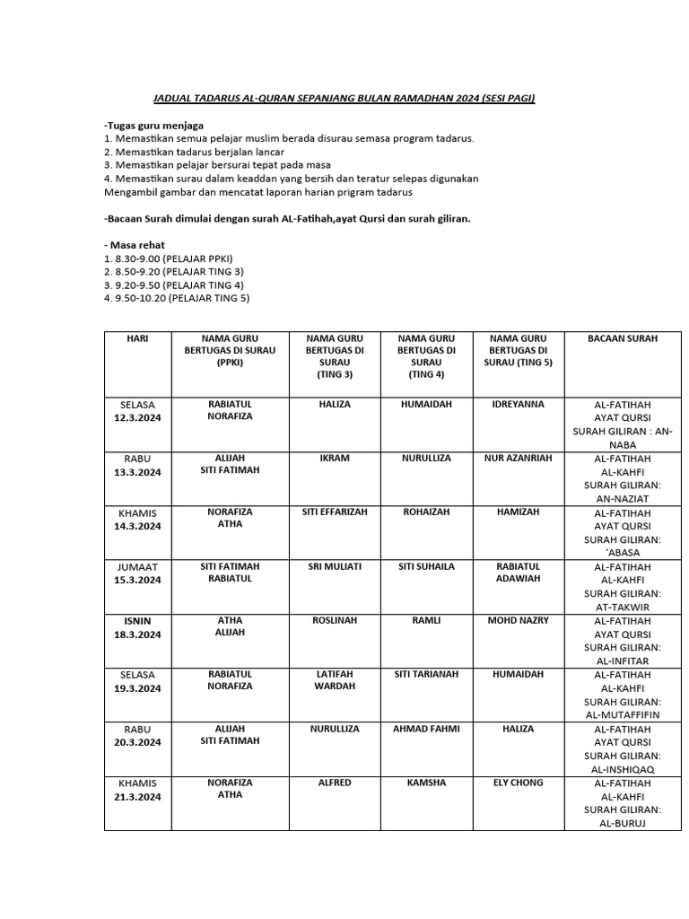 JADUAL TADARUS Sesi Pagi | PDF