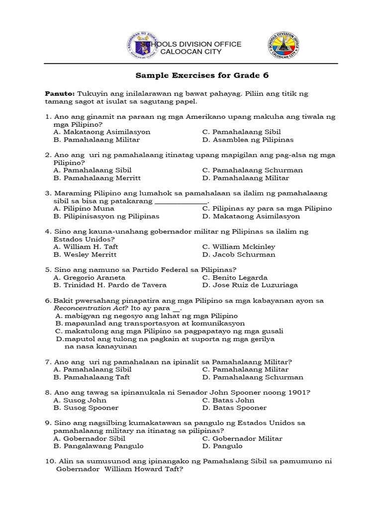 Sample Exercises For Grade 6: Panuto: Tukuyin Ang Inilalarawan NG Bawat ...