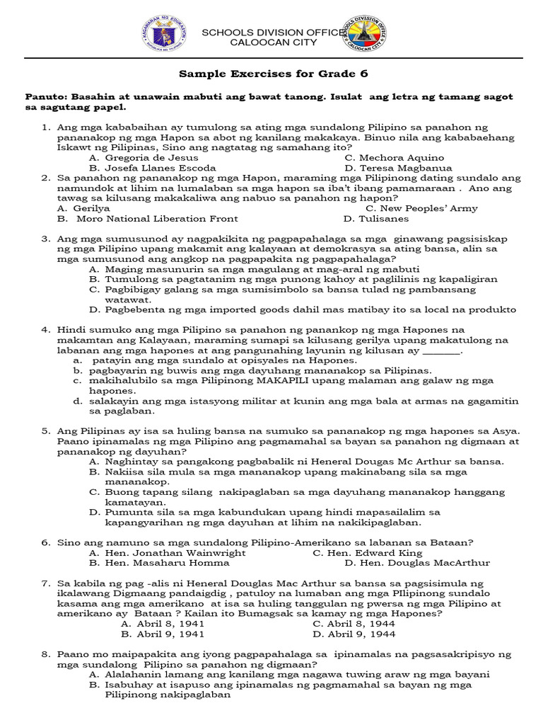 AP-Sample Exercises For Grade 6-1 | PDF