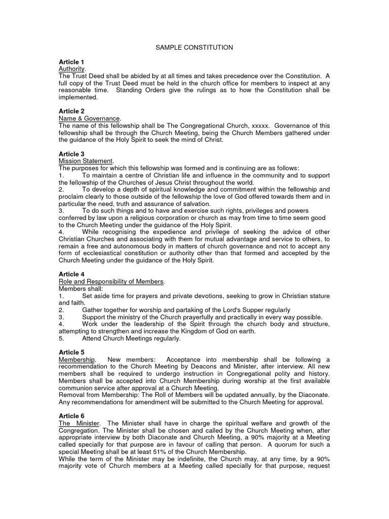 Congregational Church Constitution Guide | PDF | Deacon | Eucharist