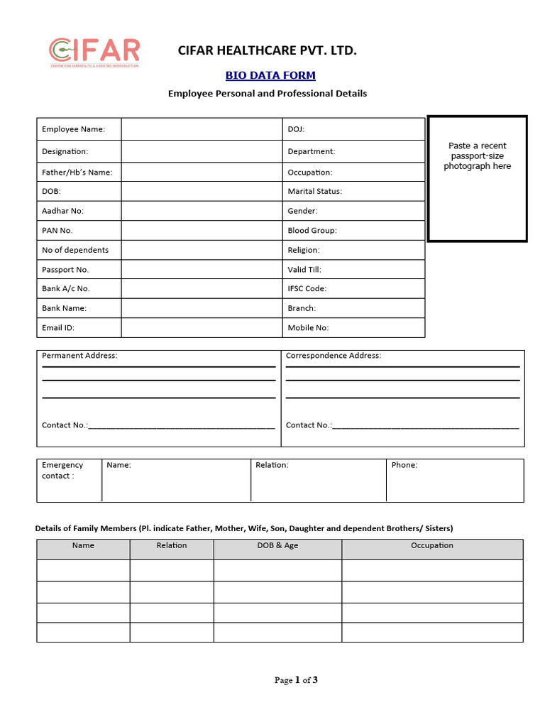 Employee Bio Data Form Template | PDF | Employment
