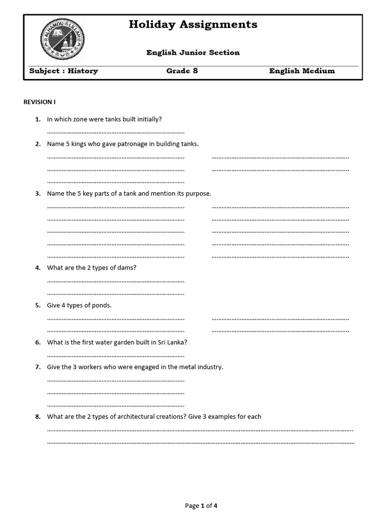 Grade 8 EJS History Holiday Assignment | PDF