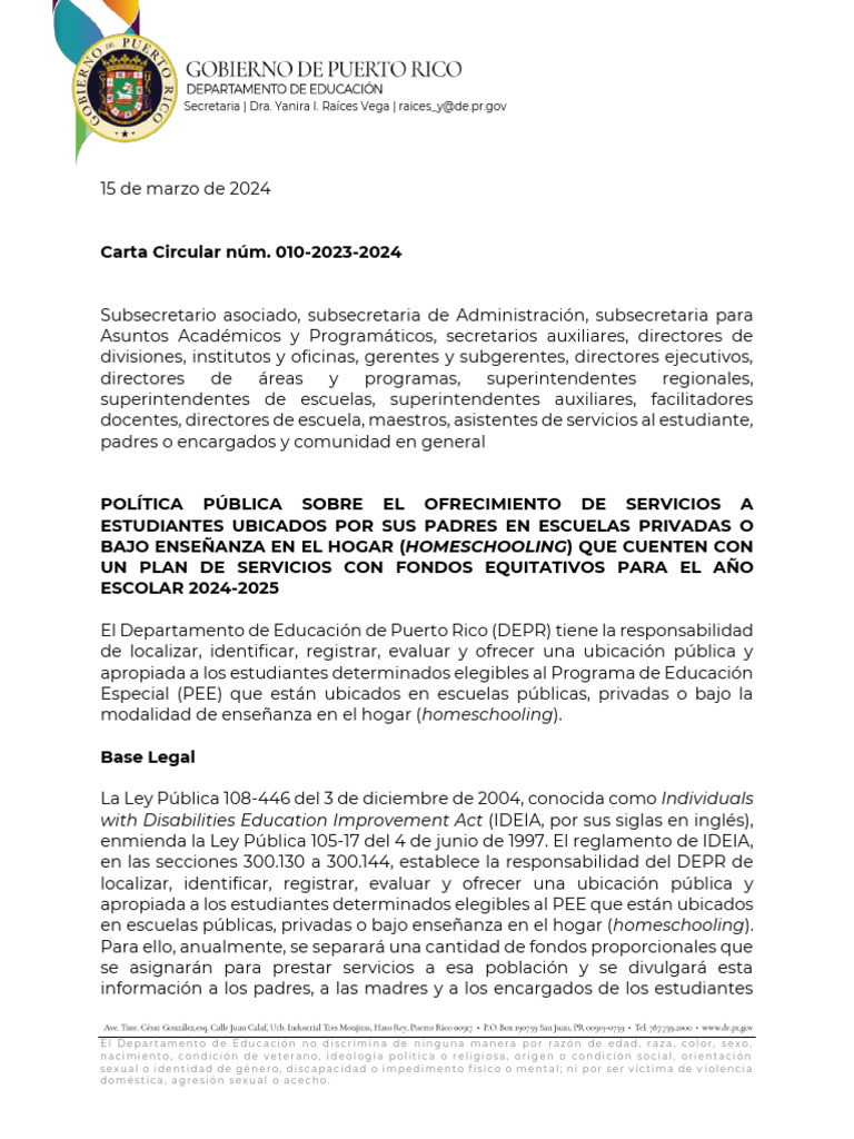CARTA CIRCULAR NUM. 10-2023-2024-Firmado | PDF | Escuelas | Educación ...