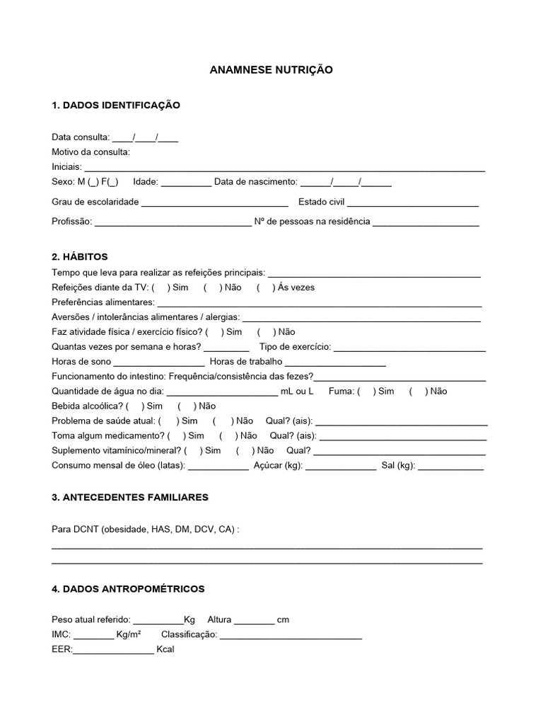 Anamnese Nutricional | PDF | Especialidades médicas | Medicina Clínica