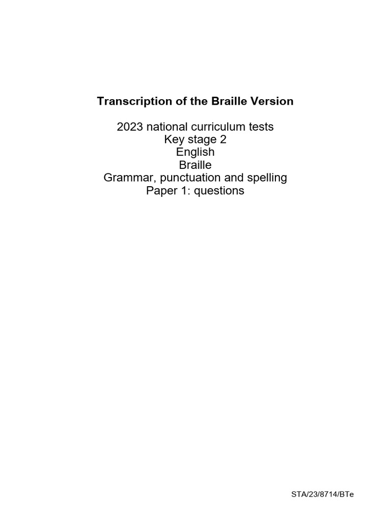 2023 Key Stage 2 English Grammar Punctuation and Spelling Braille ...