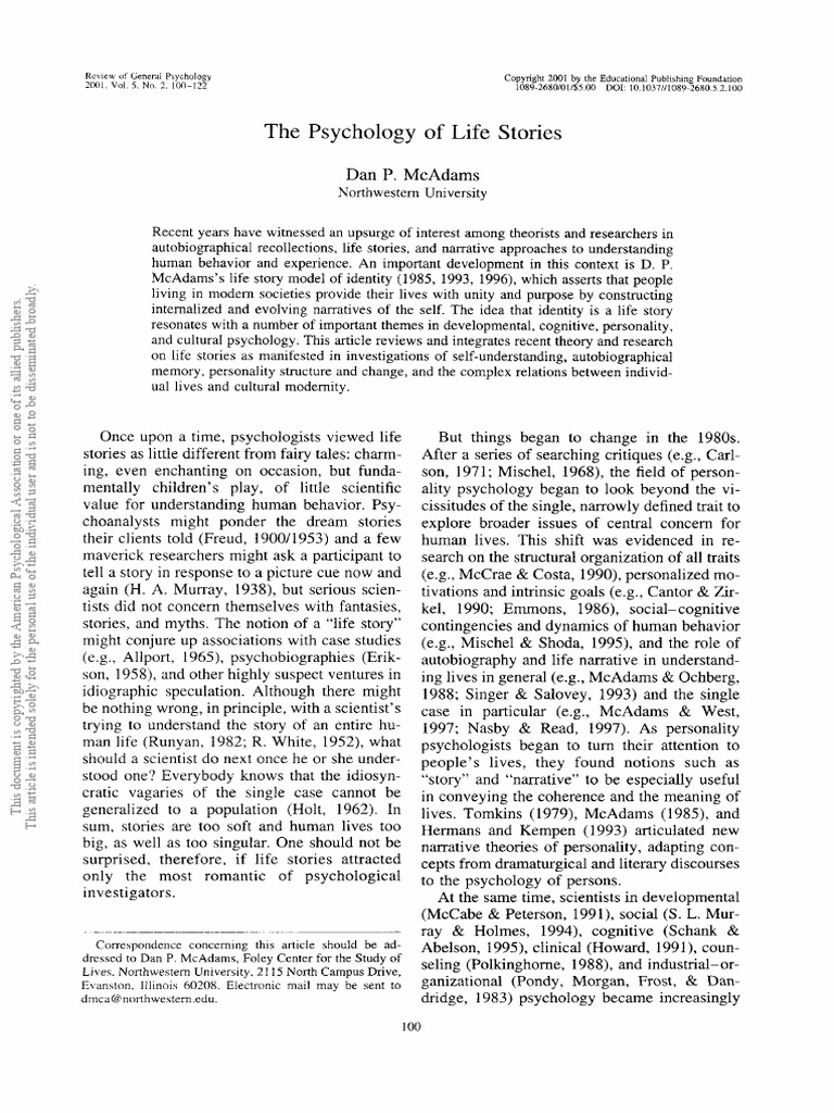 Dan P Mcadams The Psychology of Life Stories 2001 | PDF | Identity ...