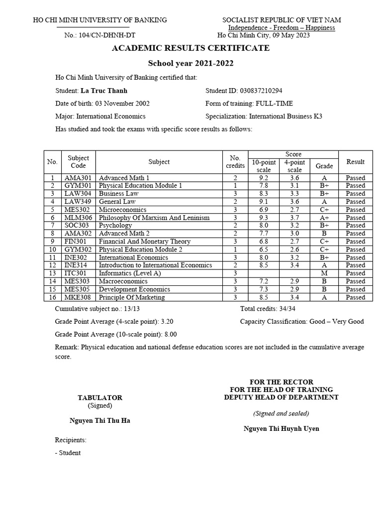 Bachelor Transcript 2021 2022 | PDF