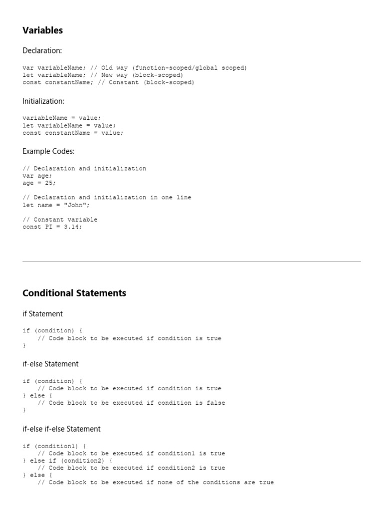 Variables And Conditional Statements Cheatsheet Pdf Computing Software Engineering