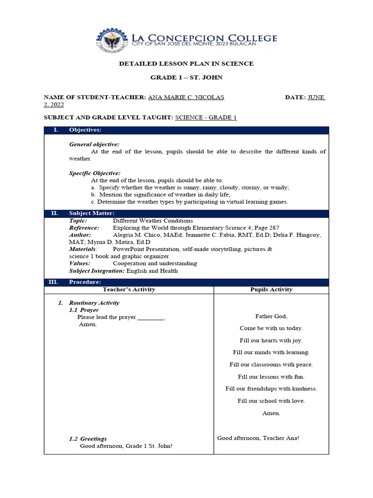 Detailed Lesson Plan in Science Grade 1 - St. John: Name of Student ...