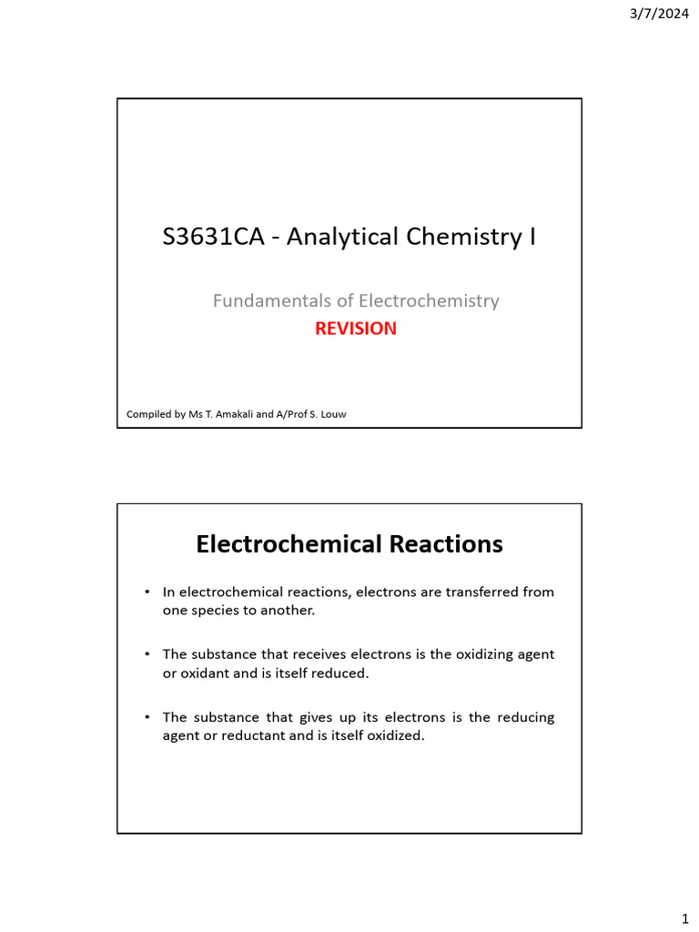 Unit 1 Electrochemistry - REVISION 2024 | PDF | Electrochemistry | Electrode