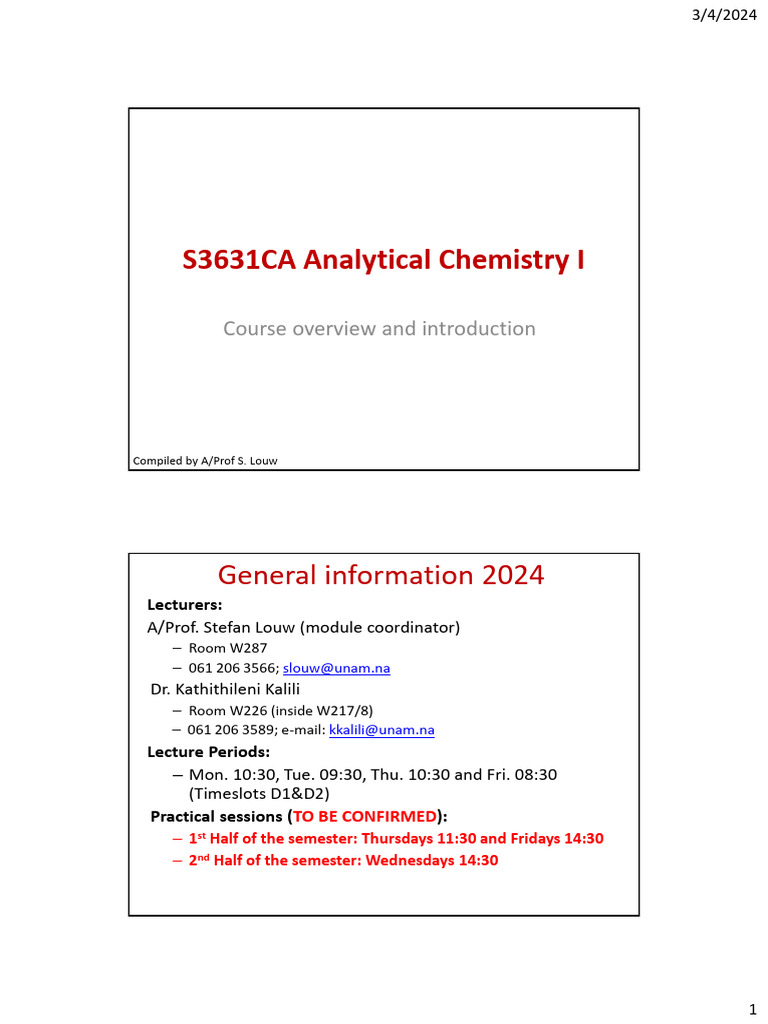 S3631CA - Analytical Chemistry I - Course Overview and Introduction ...