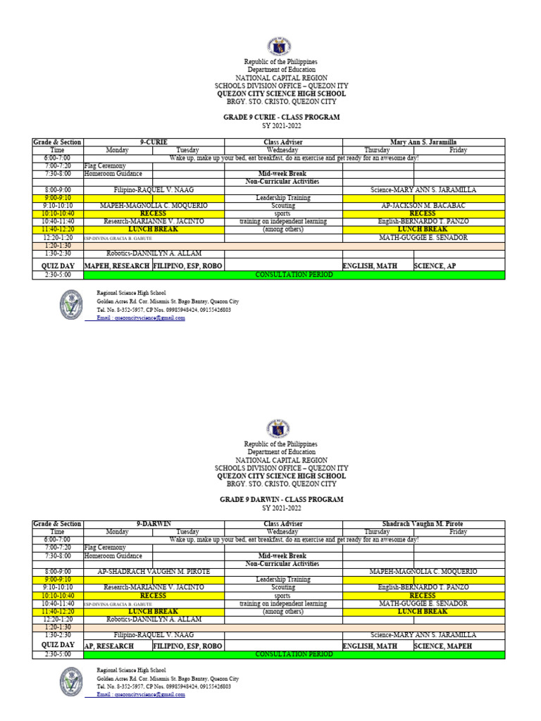 QCSHS Grade 9 New Class Program Sy 2021 2022 | PDF | School Types | Educational Organizations