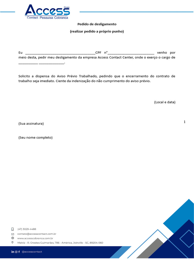 Modelo - Pedido de Desligamento - Sem Aviso Prévio | PDF